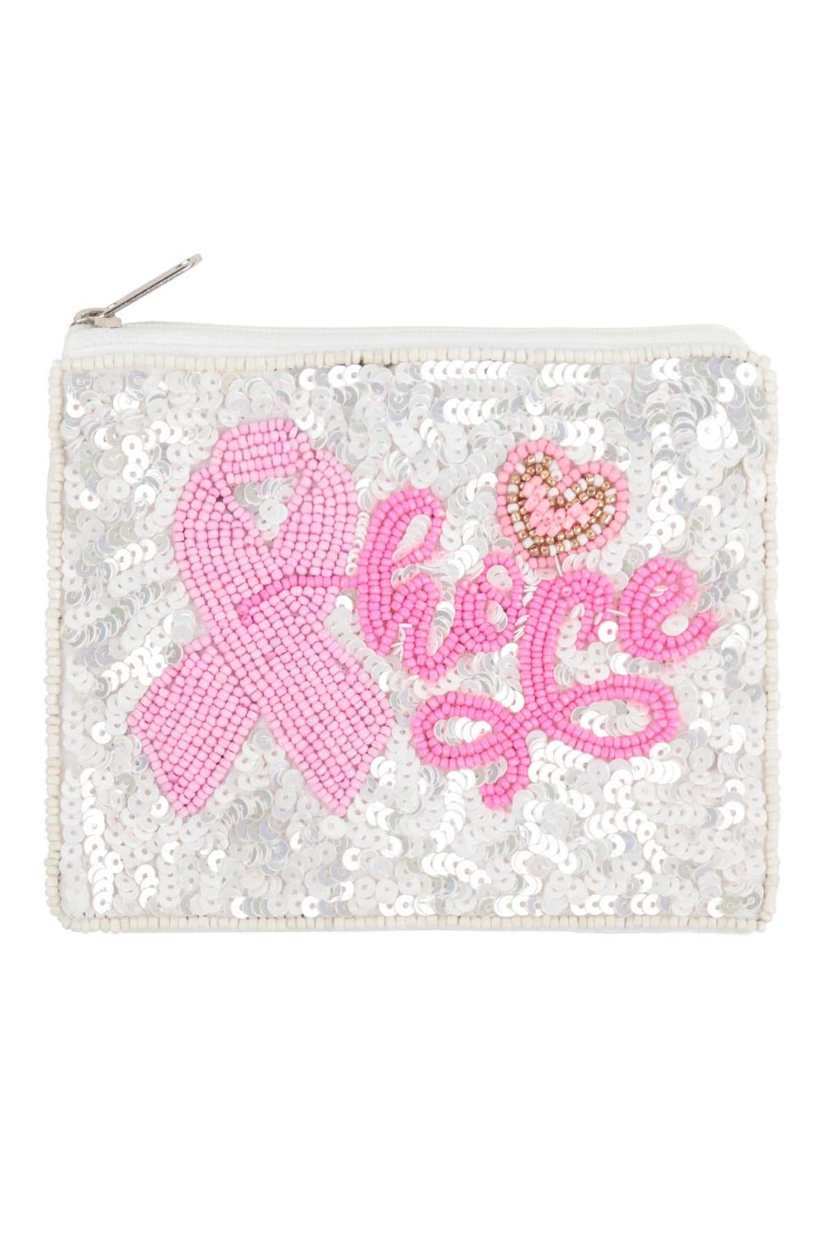 HOPE PINK RIBBON AWARENESS SEQUIN AND SEED BEADS COIN POUCH – Riah Fashion