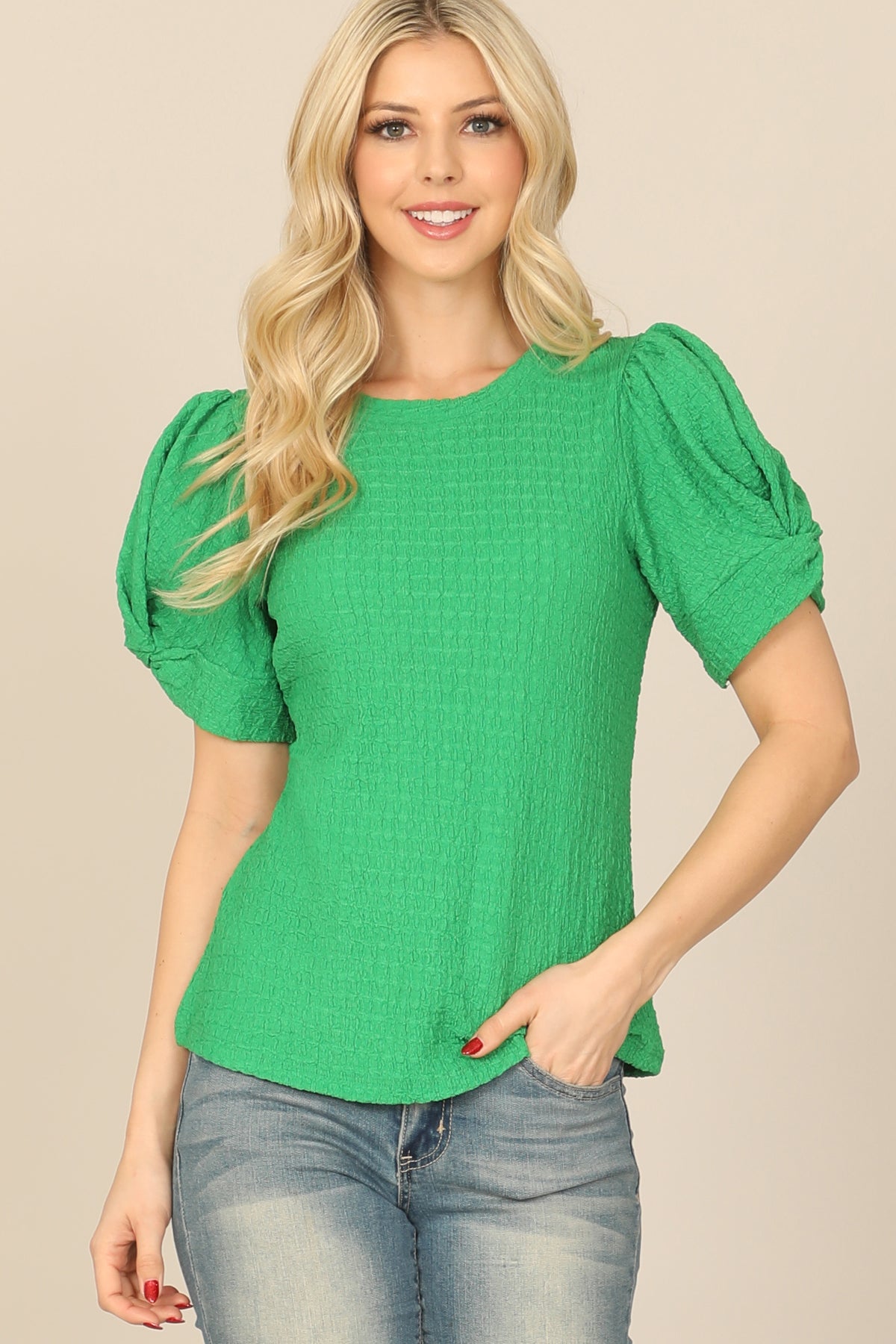 TWIST PUFF SLEEVE BARK CREPE TOP – Riah Fashion