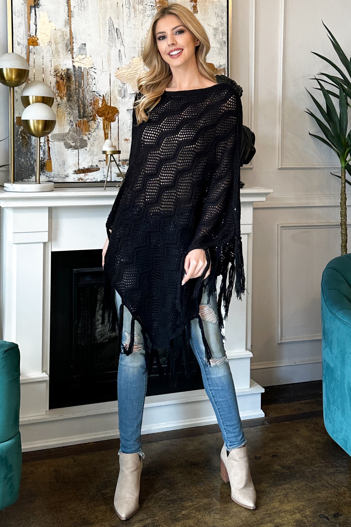 KNITTED NET WAVE PATTERN FRINGE TASSEL PONCHO – Riah Fashion