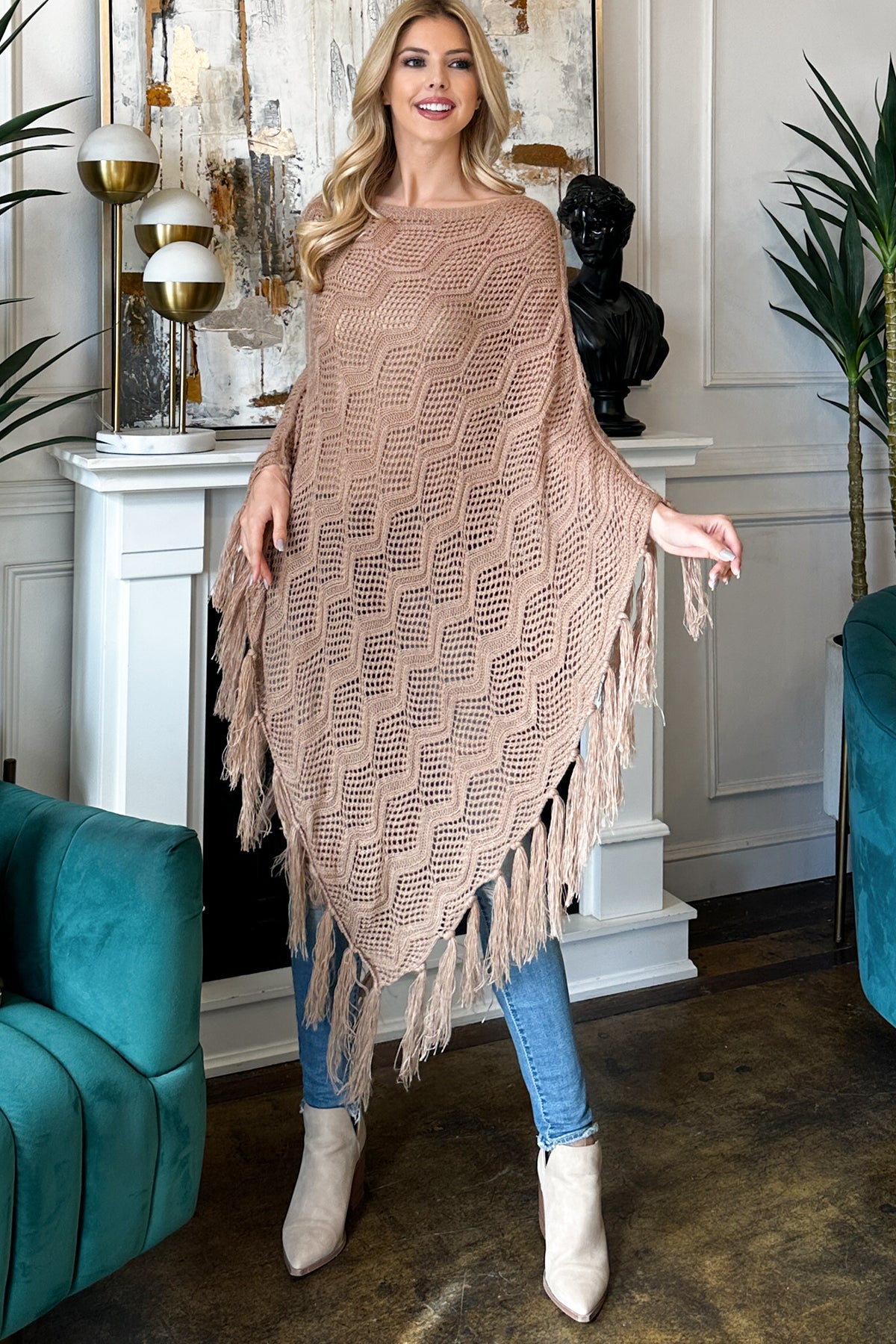KNITTED NET WAVE PATTERN FRINGE TASSEL PONCHO – Riah Fashion