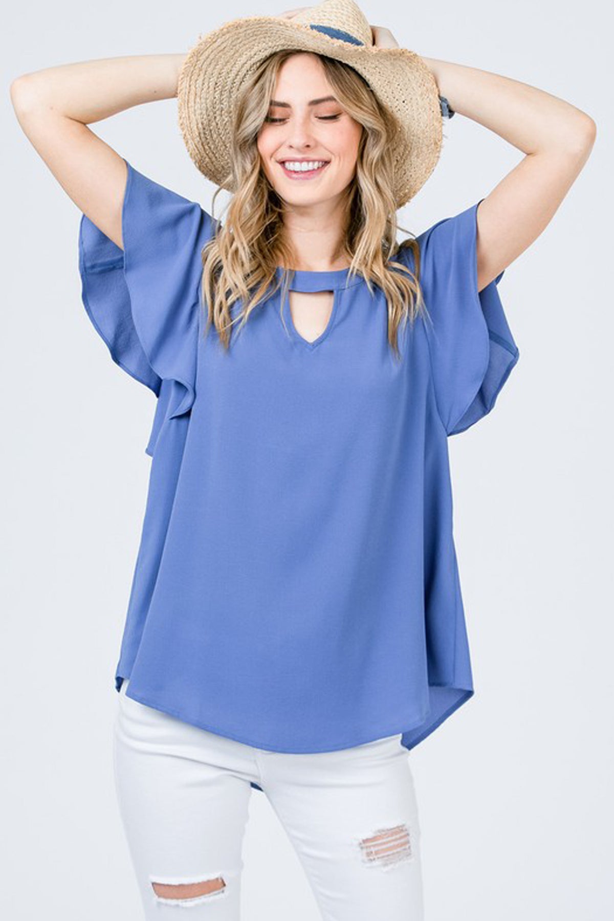 Short-Sleeve Crepe Top with Keyholes and Tiered Flowy Sleeves – Riah ...