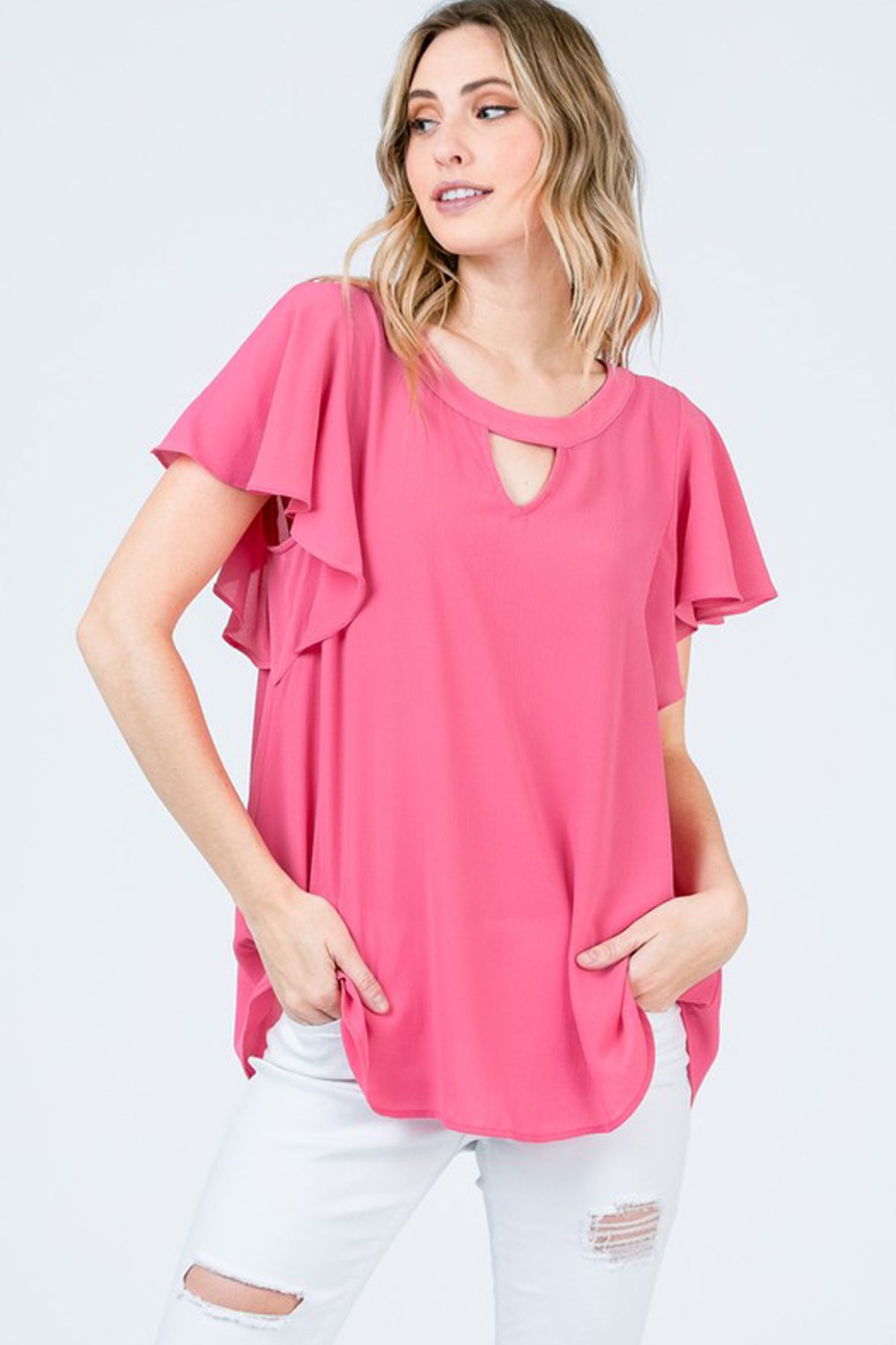 Short-Sleeve Crepe Top with Keyholes and Tiered Flowy Sleeves – Riah ...